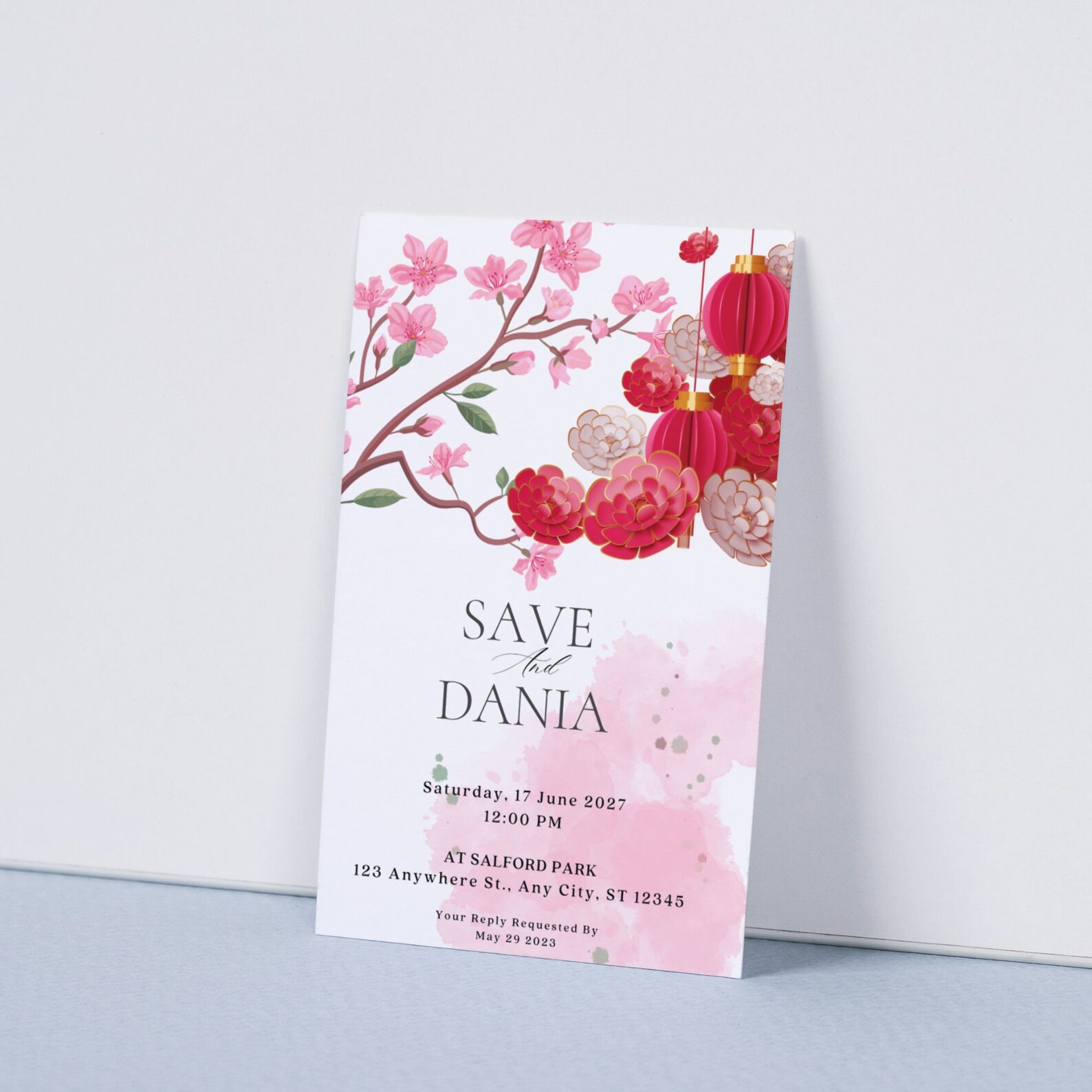 Chinese Floral Wedding Invitation Template, Lantern Card (printable ...