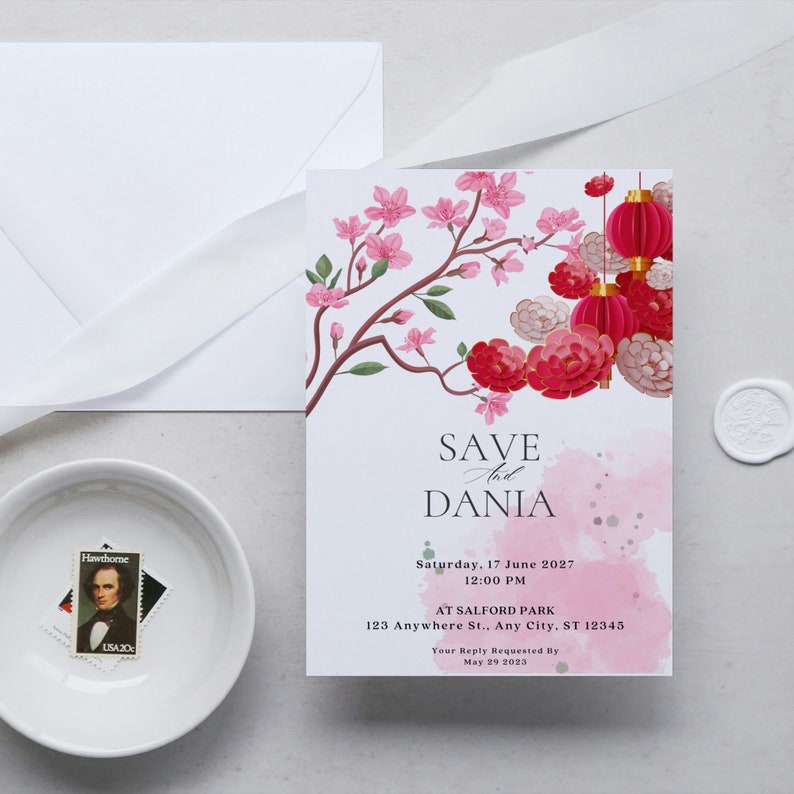 Chinese Floral Wedding Invitation Template, Lantern Card (printable ...
