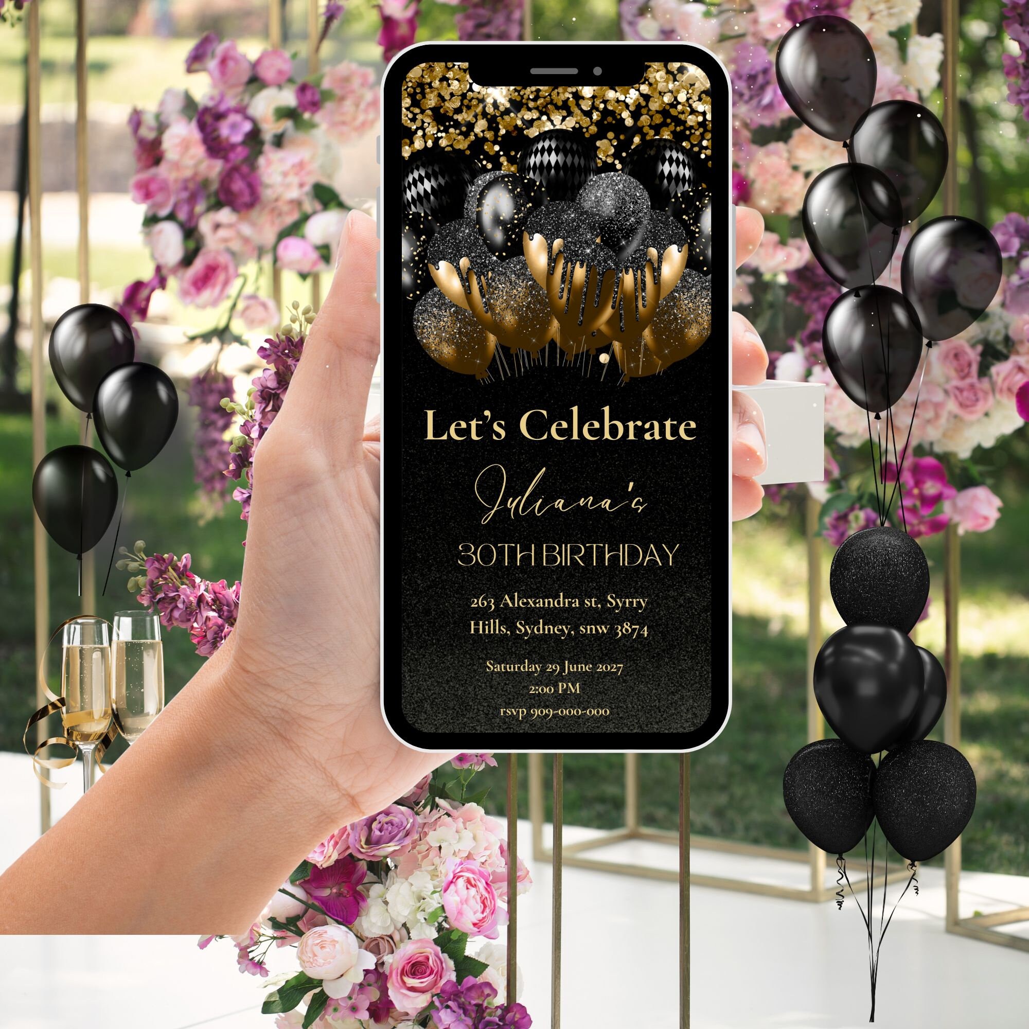 Black and Gold Birthday Invitation, Printable & Tex Invitations ...