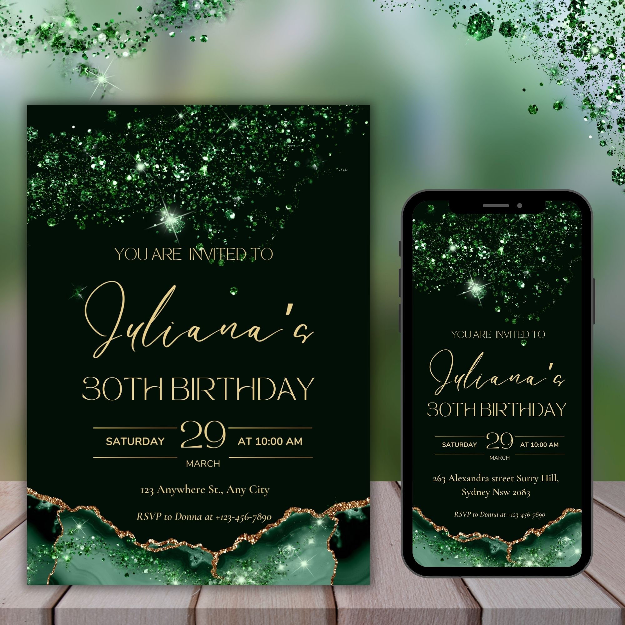 Emerald Gold Invitation, Glitter Invitation, Green Agate Invitation, Printable & Text ...