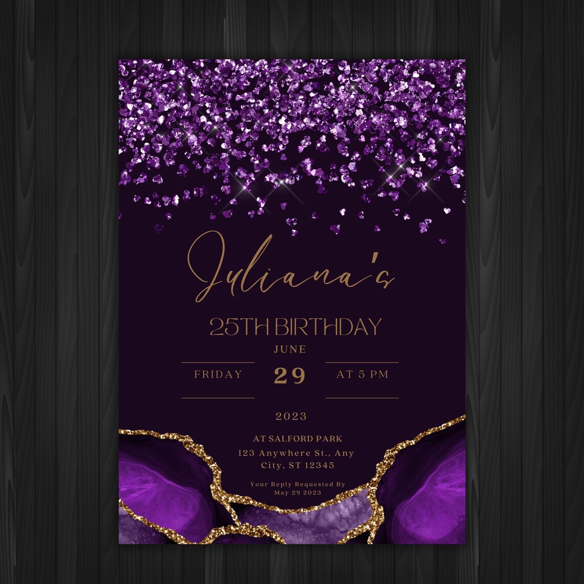 Purple and Gold Invitations, Glitter Invitations, Printable & Text ...