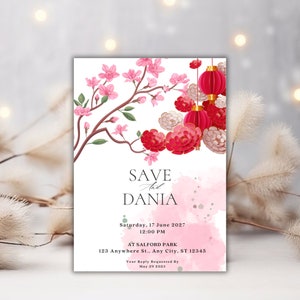 Chinese Floral Wedding Invitation Template, Lantern Card (printable ...
