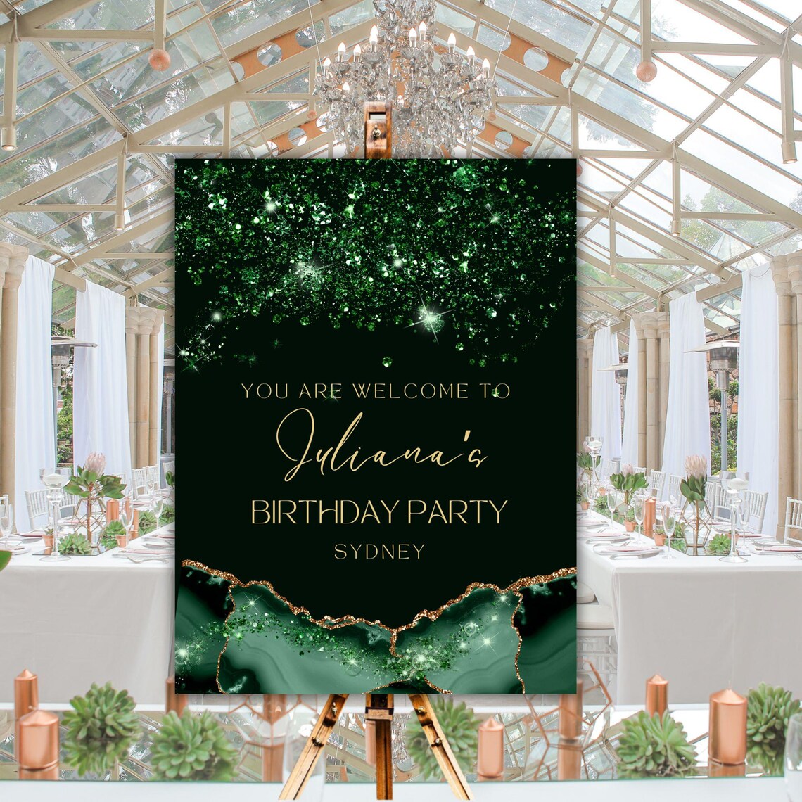 Emerald Green Glitter Birthday Welcome Sign, Agate Gold Design (digital ...