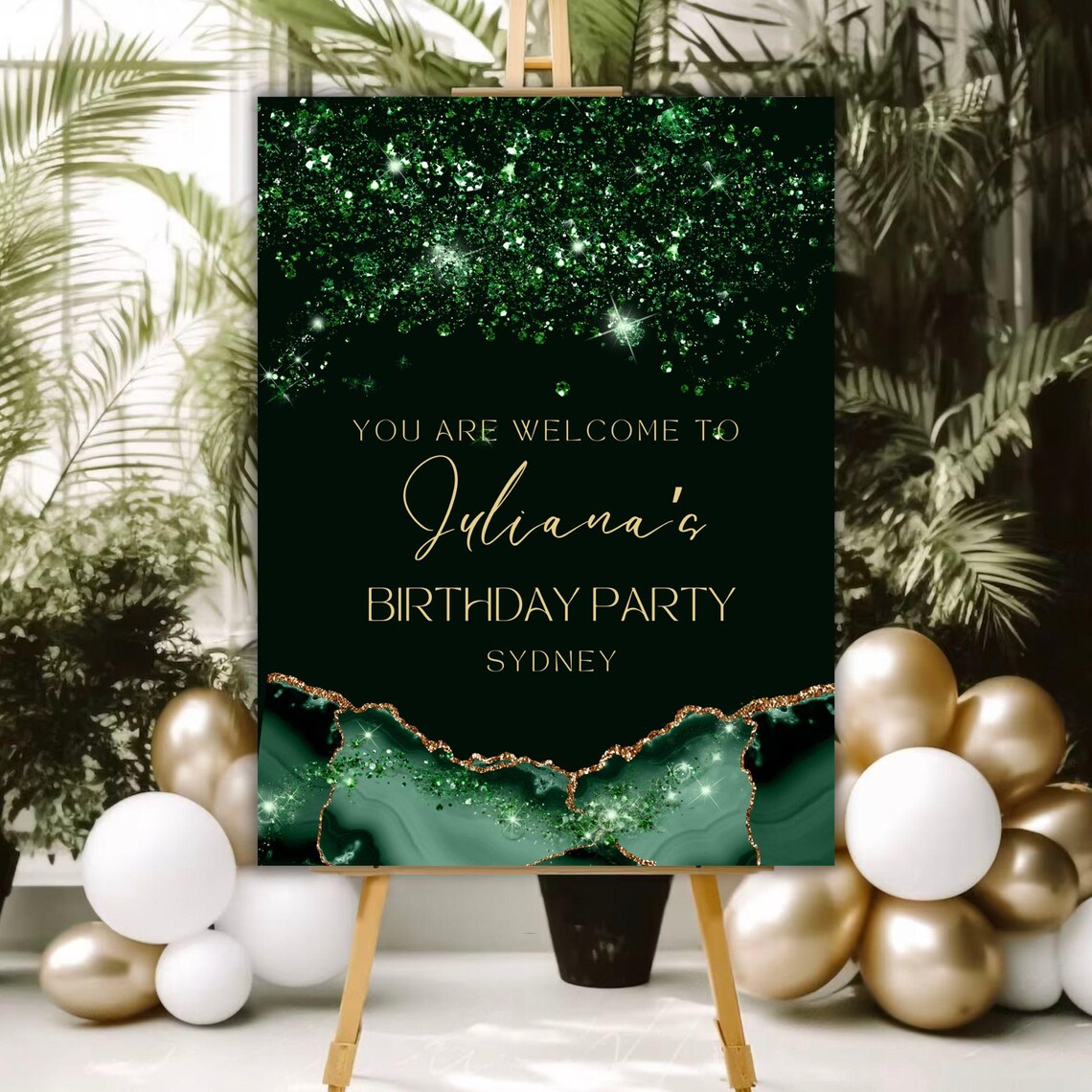 Emerald Green Glitter Birthday Welcome Sign, Agate Gold Design (digital ...