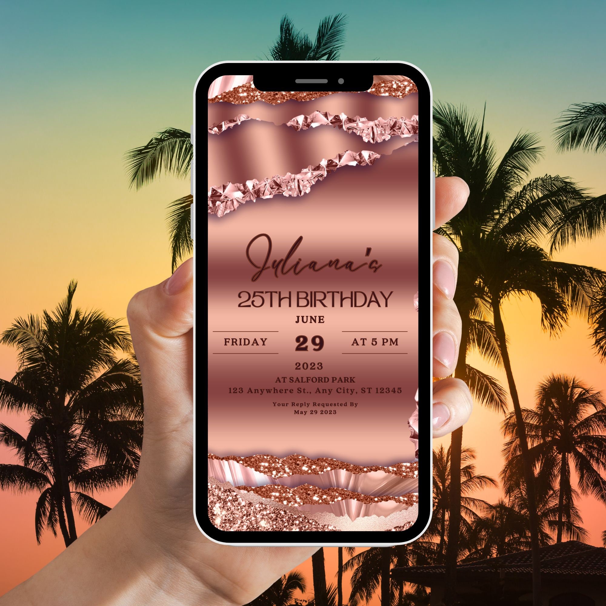 Rose Gold Invitation Template, Glitter Rose Printable & Text ...