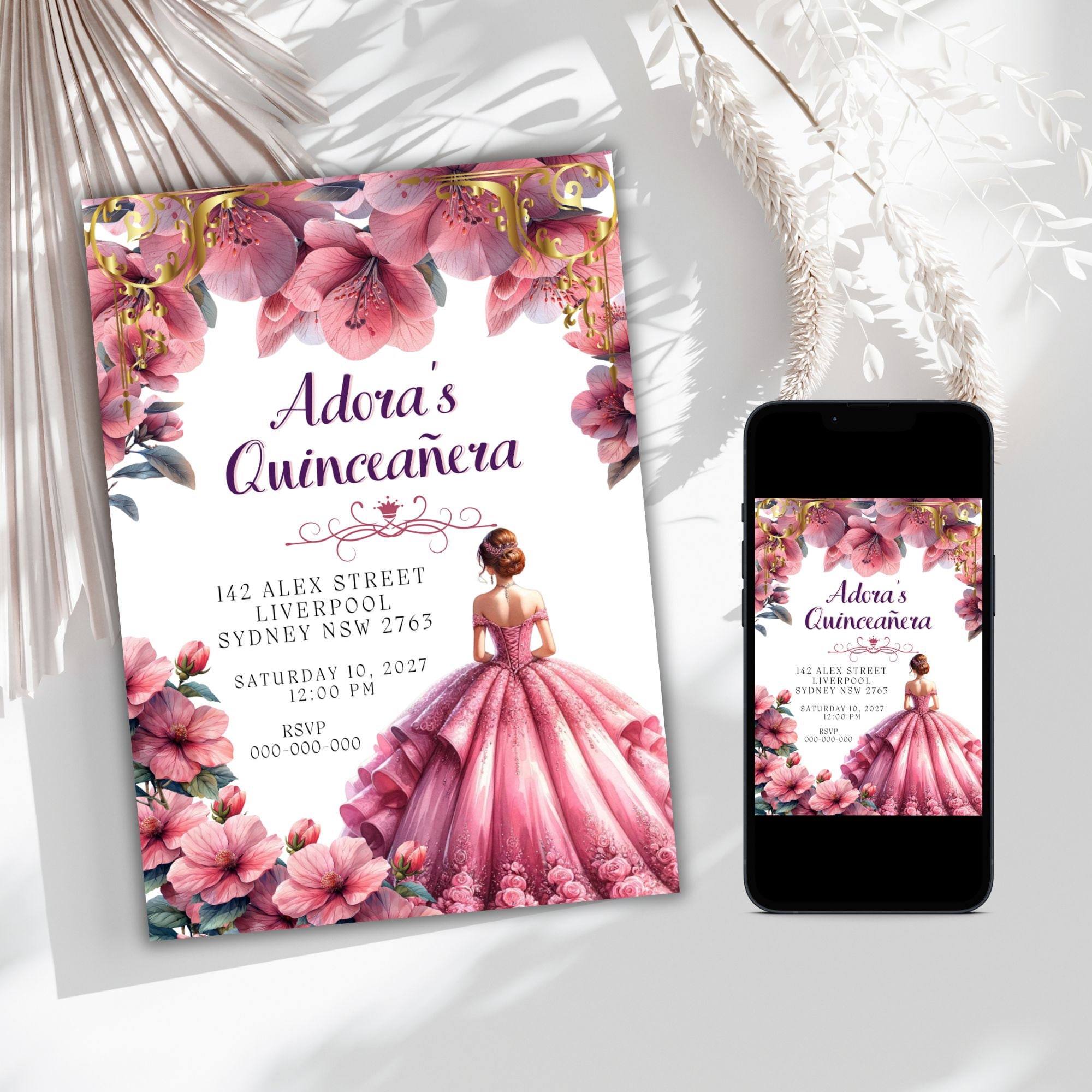 Quinceanera Invitation, EDITABLE Blush Pink Quinceañera Invitation ...