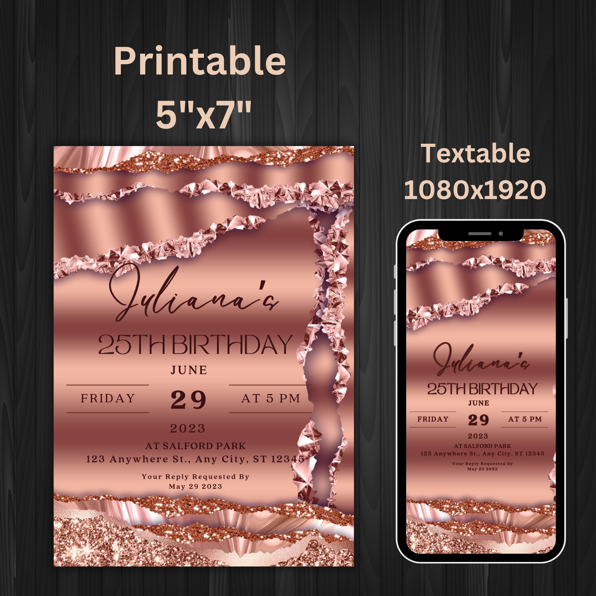 Rose Gold Invitation Template, Glitter Rose Printable & Text ...