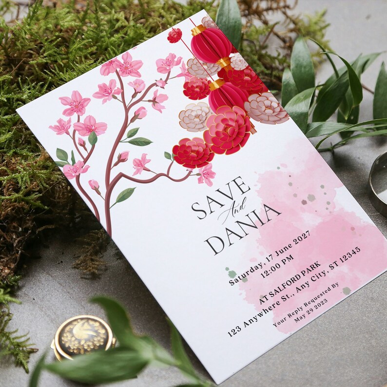 Chinese Floral Wedding Invitation Template, Lantern Card (printable ...