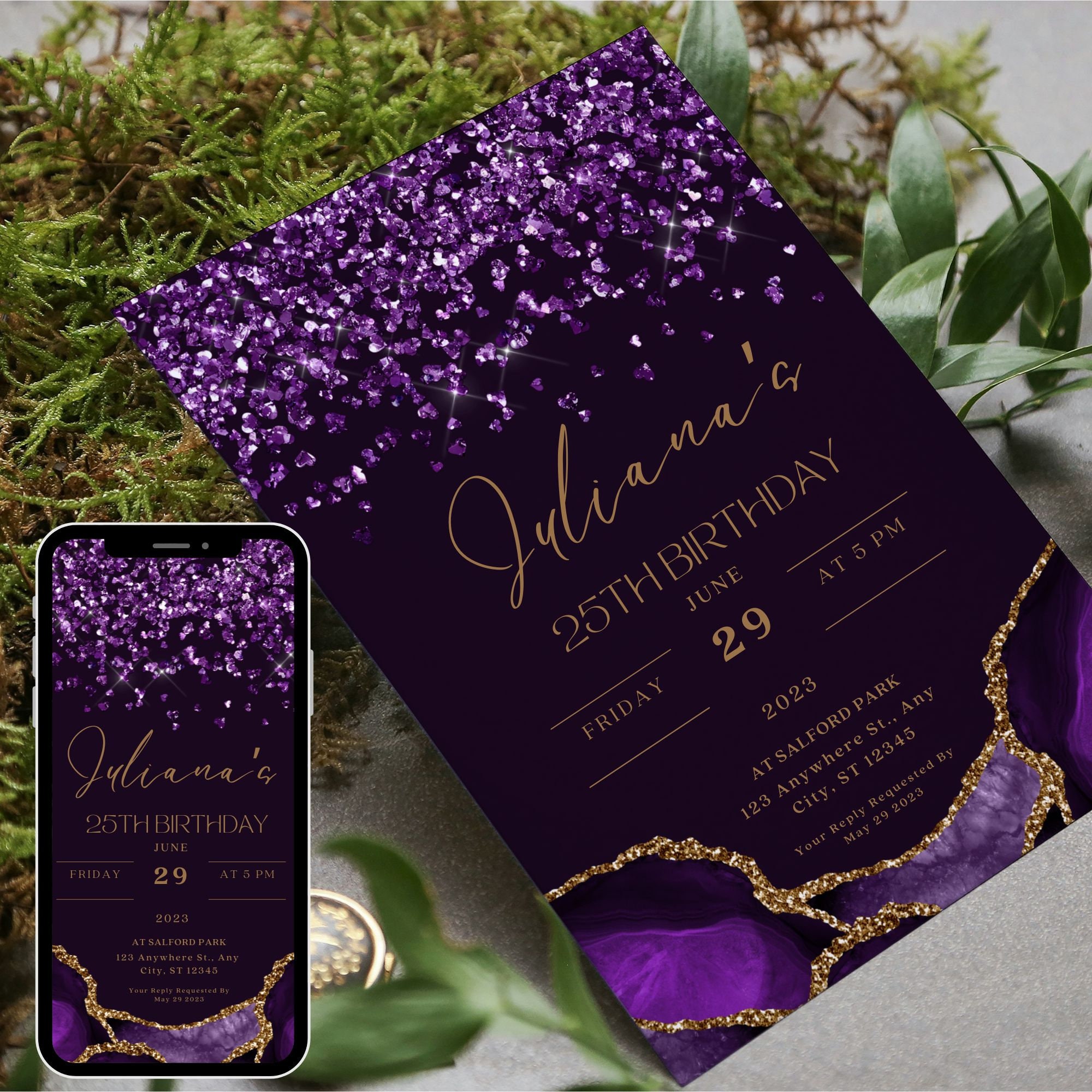 Purple Glitter Birthday Invitation, Smartphone or Printable (digital ...