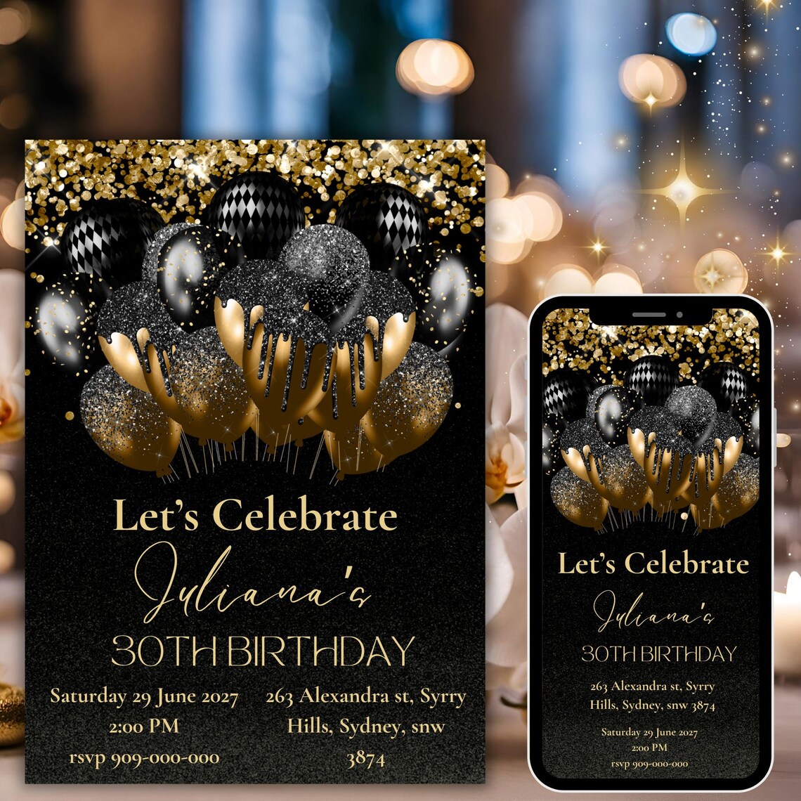 Black and Gold Birthday Invitation, Printable & Tex Invitations ...