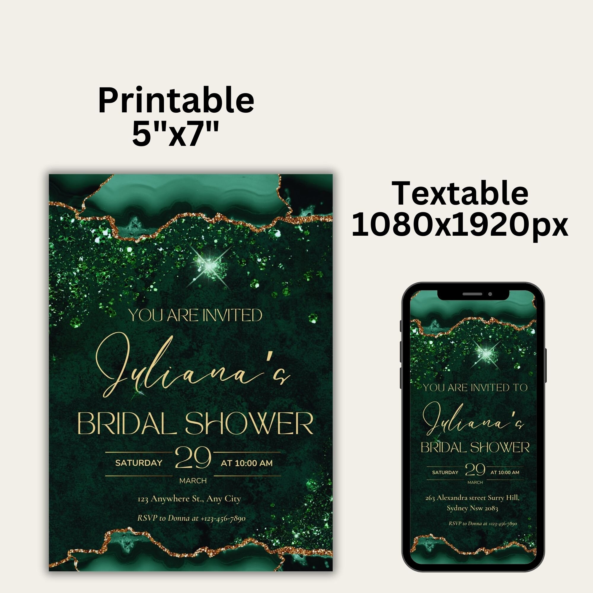 Emerald Green Baby Shower Invitation, Glitter Gold Agate, Printable & Text Invitations, Editable ...