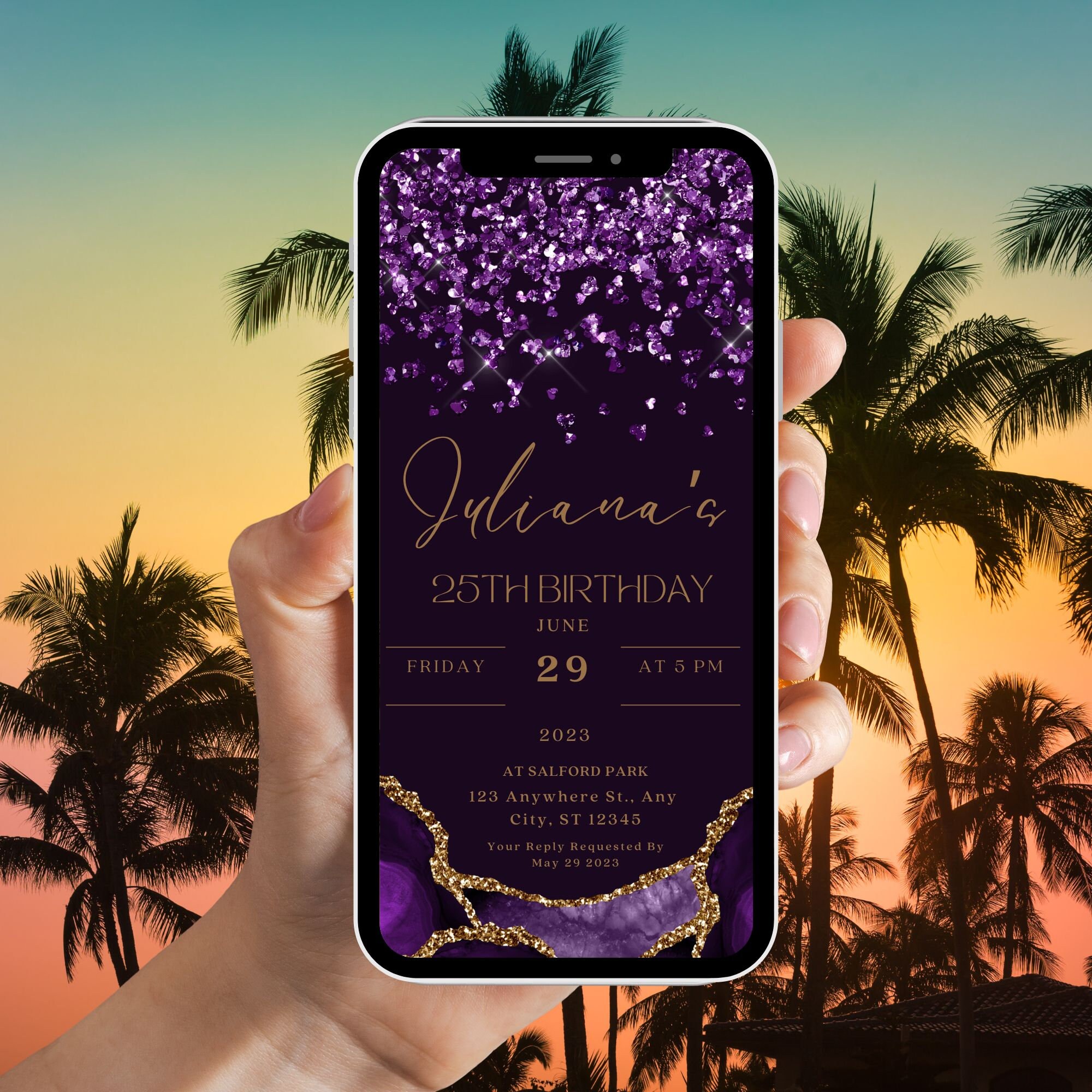 Purple Glitter Birthday Invitation, Smartphone or Printable (digital ...