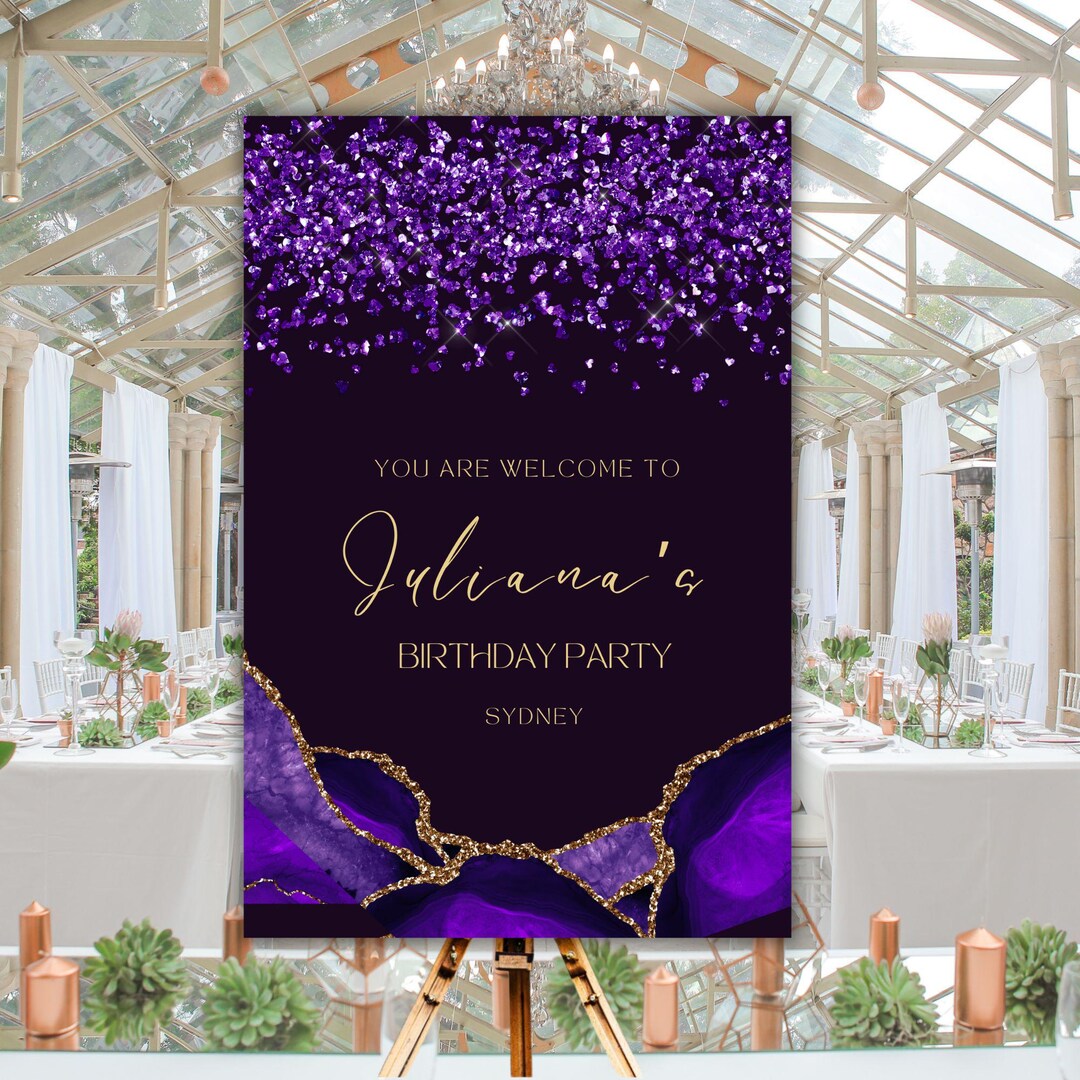 Editable Purple Gold Balloons Birthday Welcome, Gold Agate Birthday ...