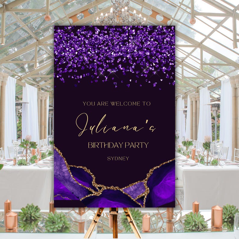 Editable Purple Gold Balloons Birthday Welcome, Gold Agate Birthday ...