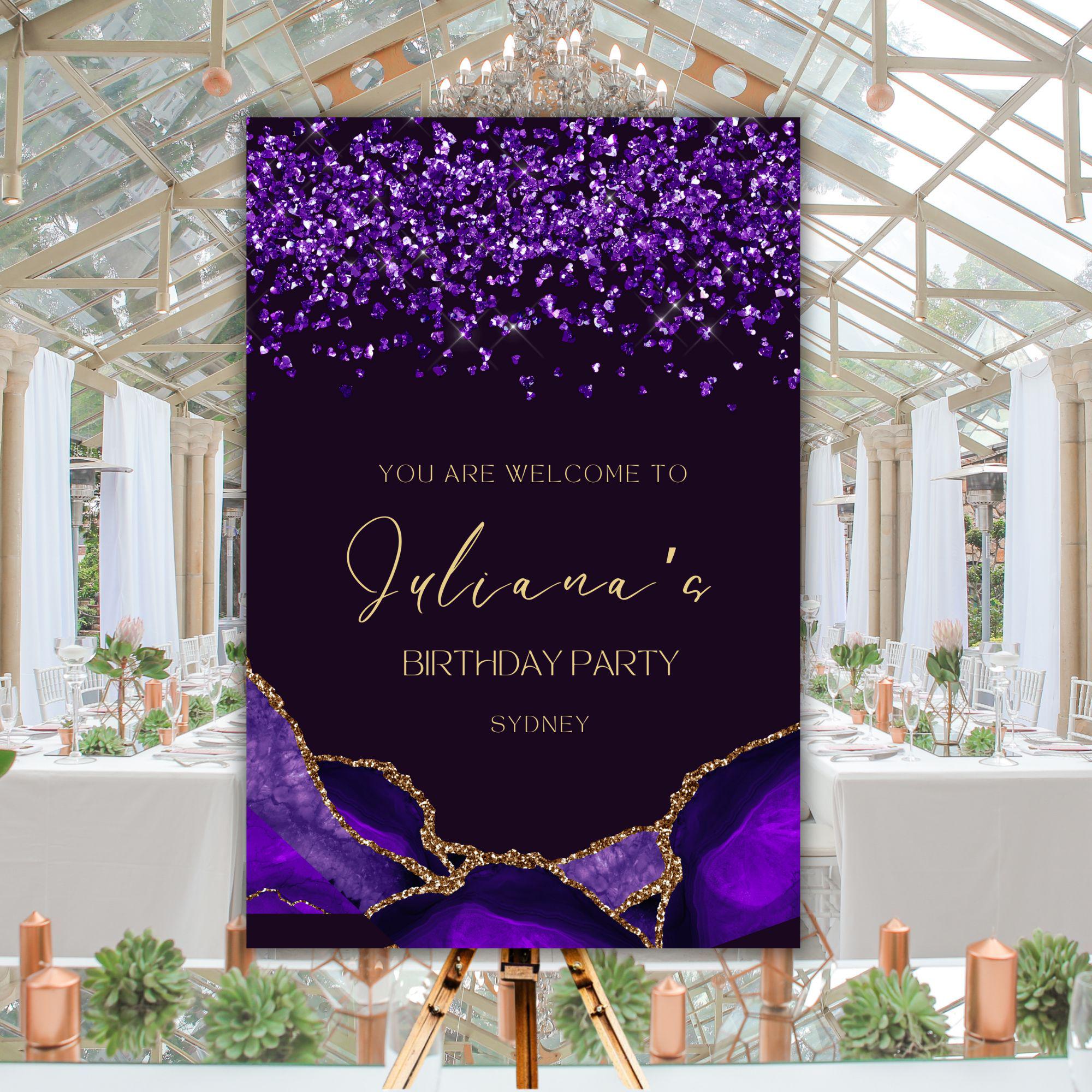 Editable Purple Gold Balloons Birthday Welcome, Gold Agate Birthday ...