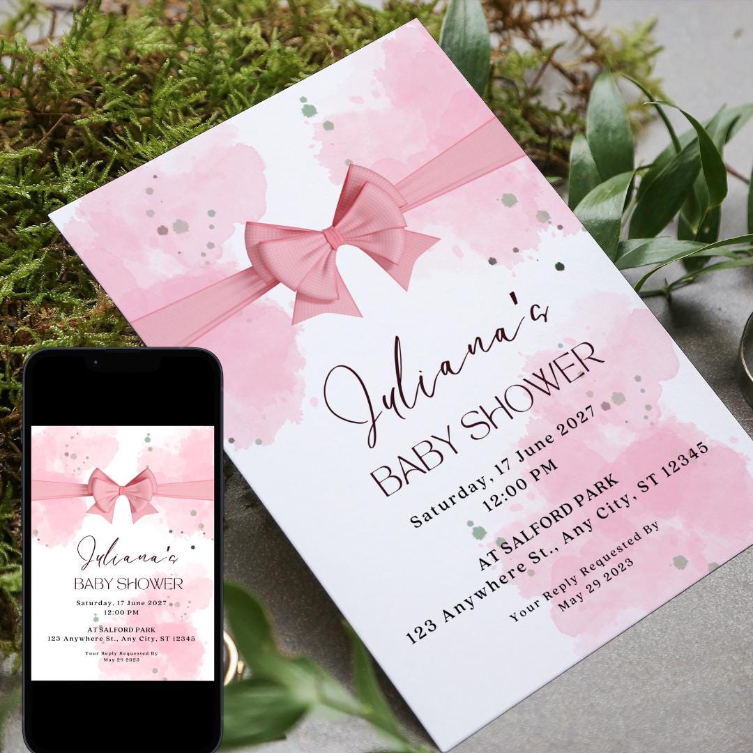 Editable Pink Ribbon Invitation Template, Pink Bow Baby Shower ...