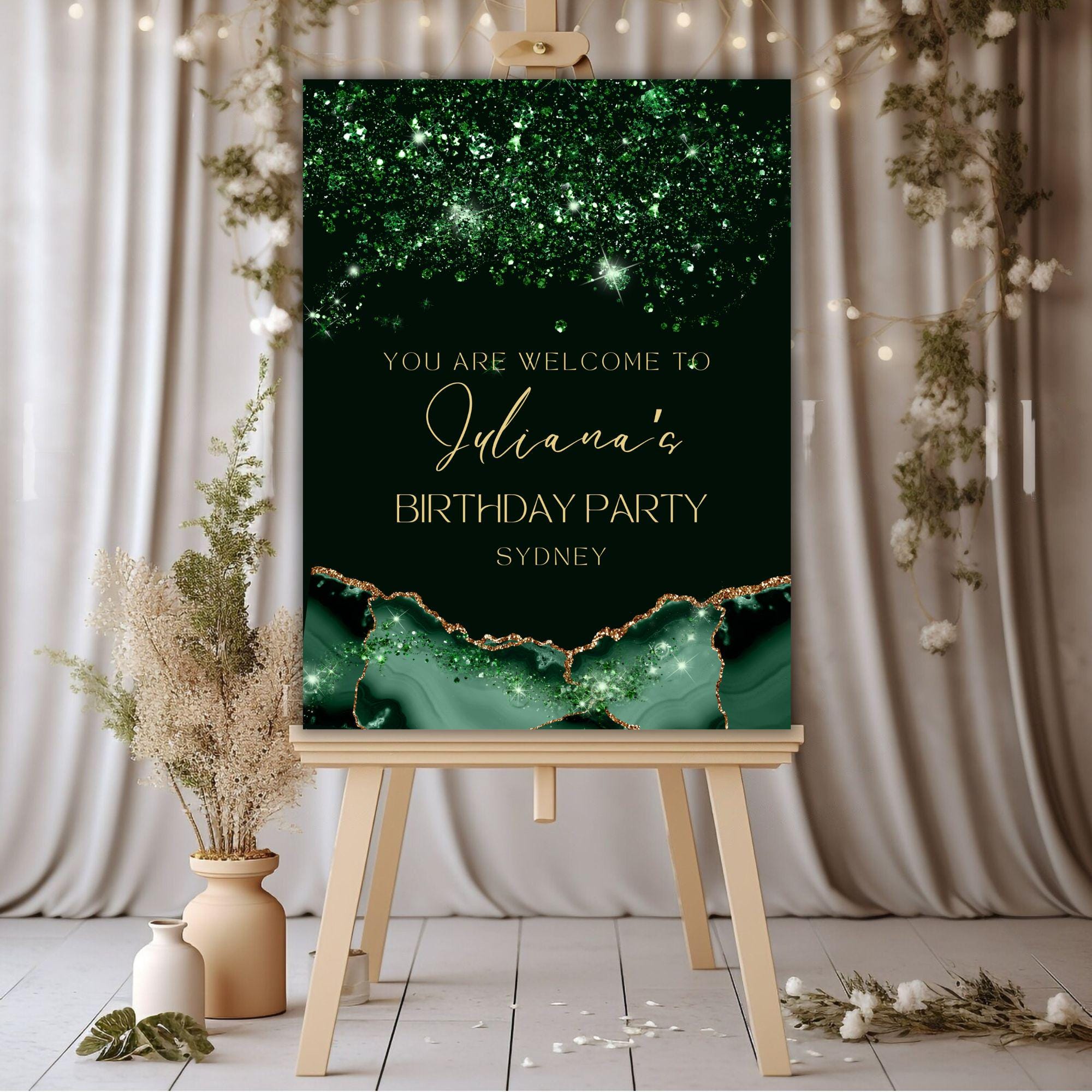 Emerald Green Glitter Birthday Welcome Sign, Agate Gold Design (digital ...
