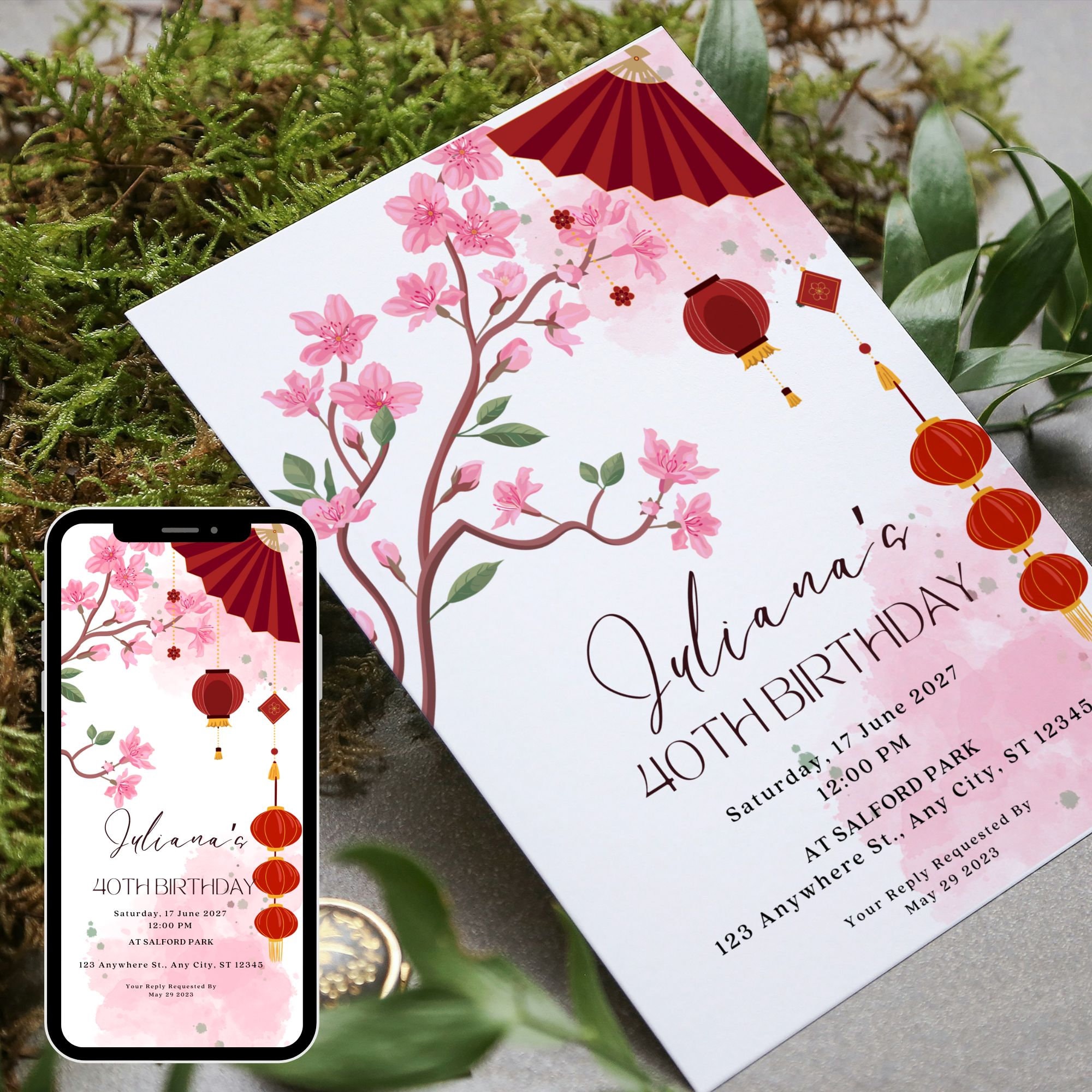 Printable Cherry Blossom Birthday Invitation Set (digital Download) - Etsy