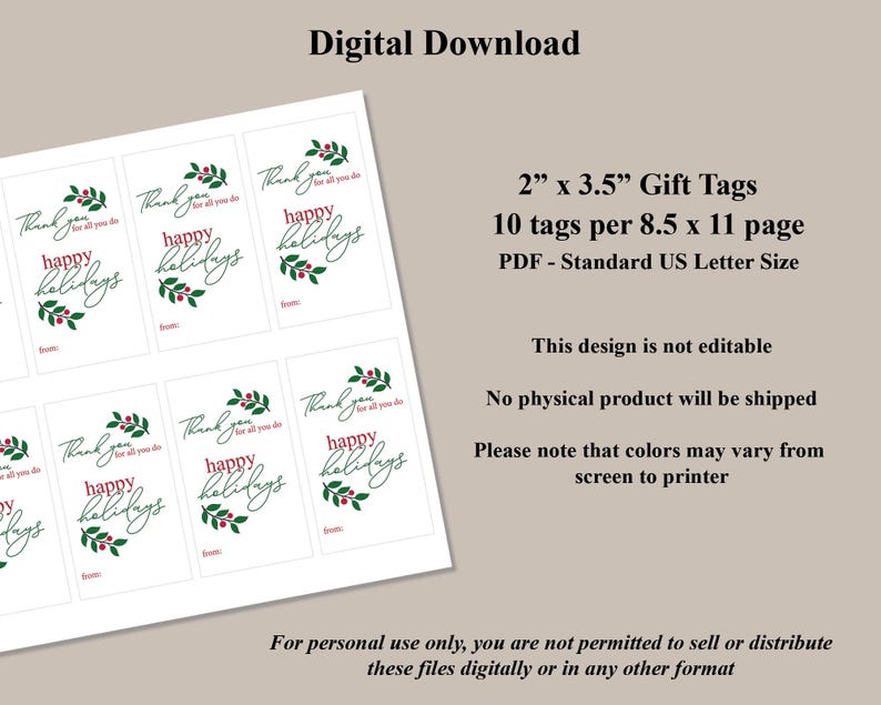 Thank You for All You Do Happy Holidays Printable Gift Tags | Holiday ...