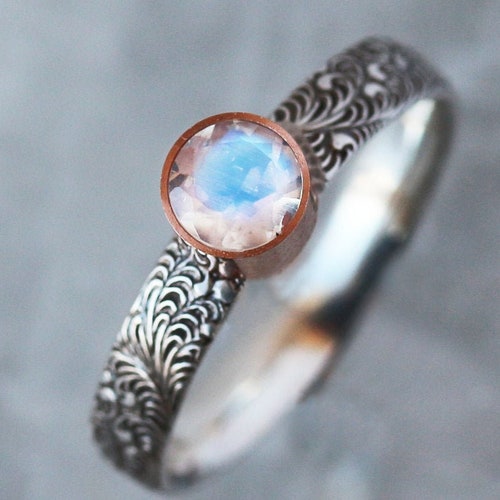 Rainbow Moonstone Ring Floral Pattern Sterling Silver Band | Etsy
