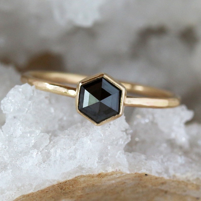 Black Diamond Hexagon Ring Unique Engagement Ring Solid 14k - Etsy