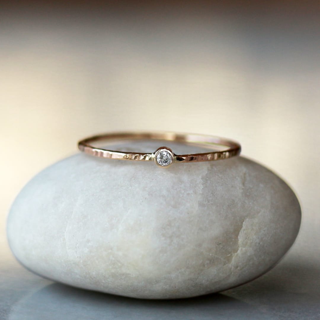 Mini Diamond Ring, Tiny Diamond Ring Gold, Slim Hammered Band, Tree ...