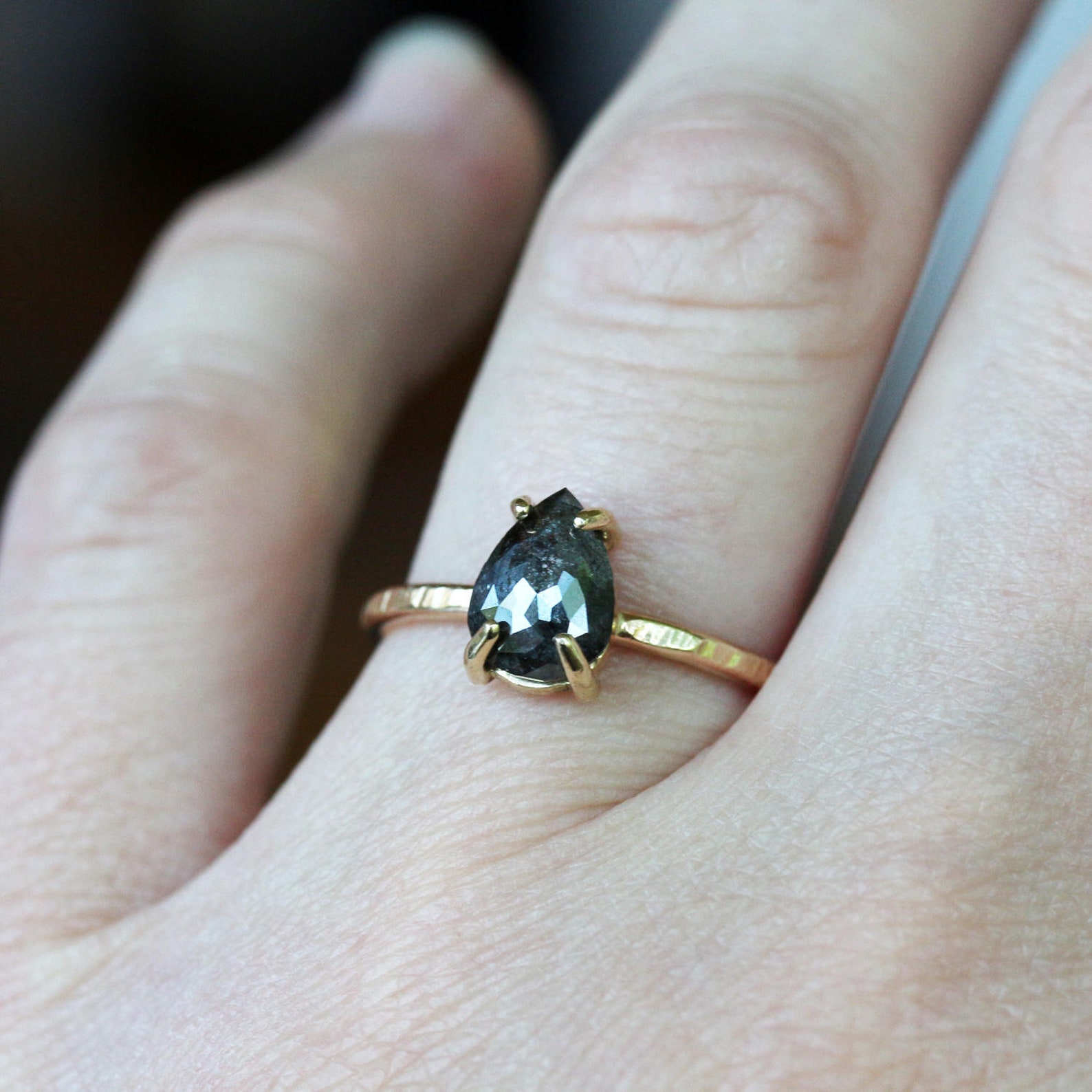 Rose Cut Pear Shaped Diamond Ring, Natural Black Diamond Solid 14k ...