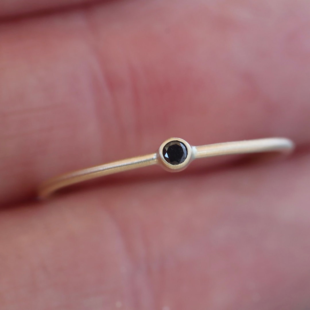 Tiny Black Diamond Ring Gold, Slim Satin Matte Band in 14k Yellow Gold ...
