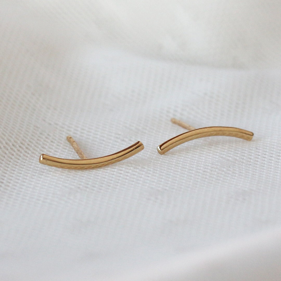 Curved Line Earrings - Gold Line Studs - Solid 14k Gold Minimalist ...