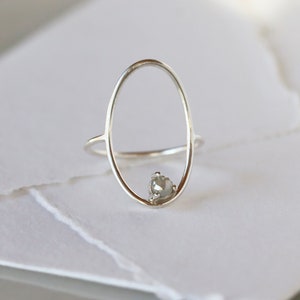 Silver Oval Ring With Gray Rose Cut Diamond, Large Open Oval Ring With ...