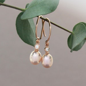 Diamond and Pearl Drop Earrings, Solid 14k Rose Gold and Pink Pearl ...