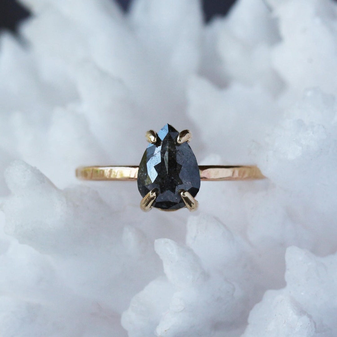 Rose Cut Pear Shaped Diamond Ring, Natural Black Diamond Solid 14k ...