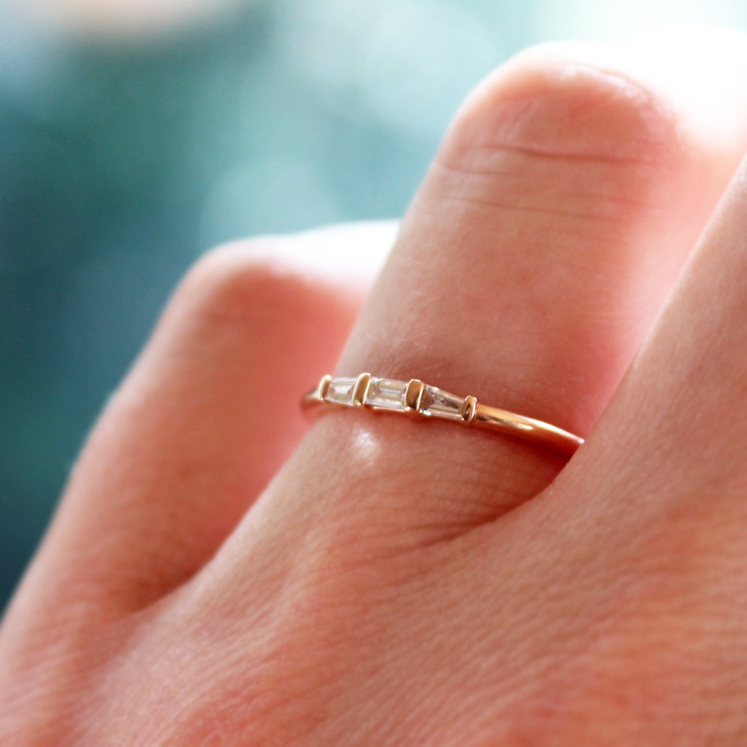 Diamond Baguette Ring, Three Stone Wedding Band, Stackable Gold Band ...