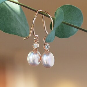 Diamond and Pearl Drop Earrings, Solid 14k Rose Gold and Pink Pearl ...