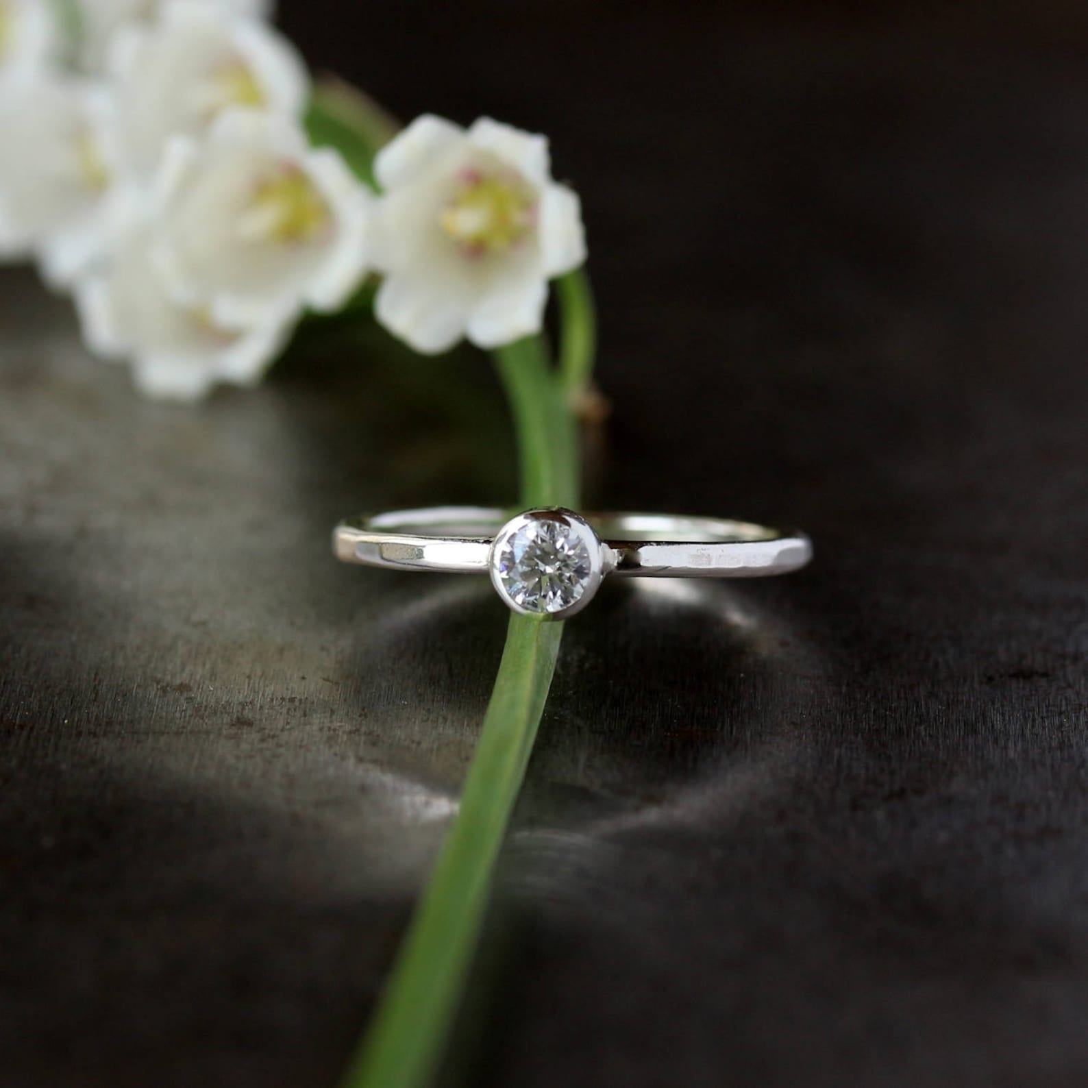 Simple Silver Diamond Ring, Sterling Silver Hammered Band, Conflict ...