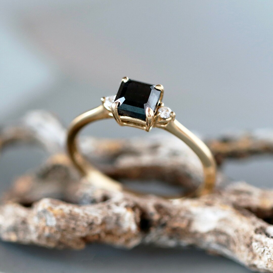 Asscher Cut Black Diamond Three Stone Ring, Fancy Square Faceted ...