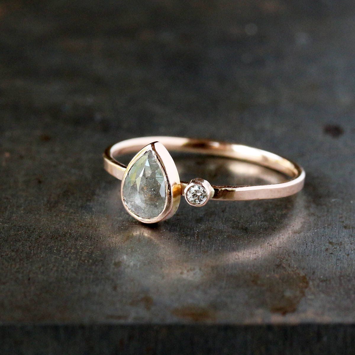 Rose Cut Pear Diamond Ring, Two Diamond Unique Ring, Round Brilliant ...