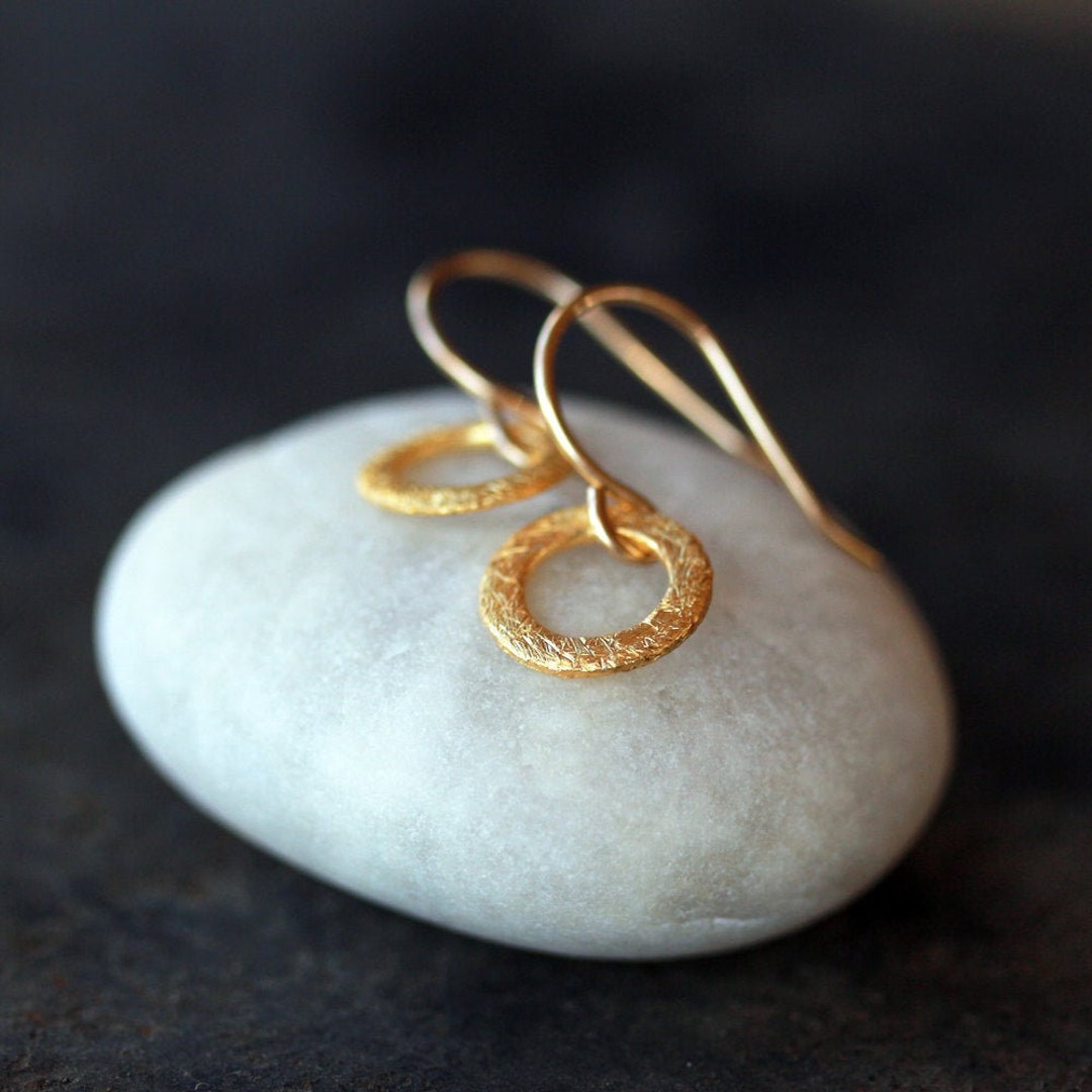 Brushed Gold Vermeil Circle Drop Earrings, Handmade Gold Filled ...