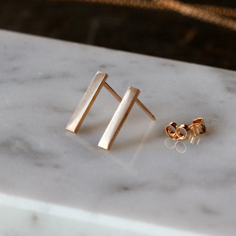 14k Gold Bar Earrings Gold Line Earrings 12mm Long Stick - Etsy