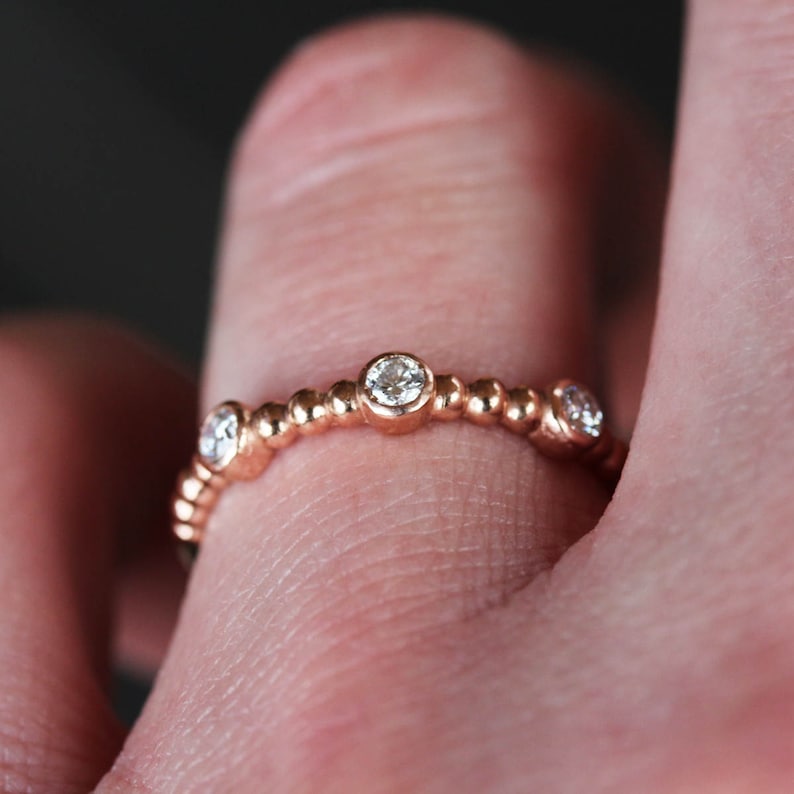 Three Diamond Dotted Wedding Band 14k Gold Dots Stacking | Etsy