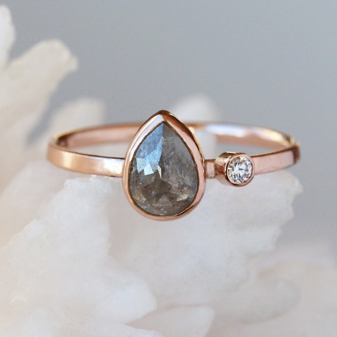 Rose Cut Pear Diamond Ring Two Diamond Unique Ring Round - Etsy