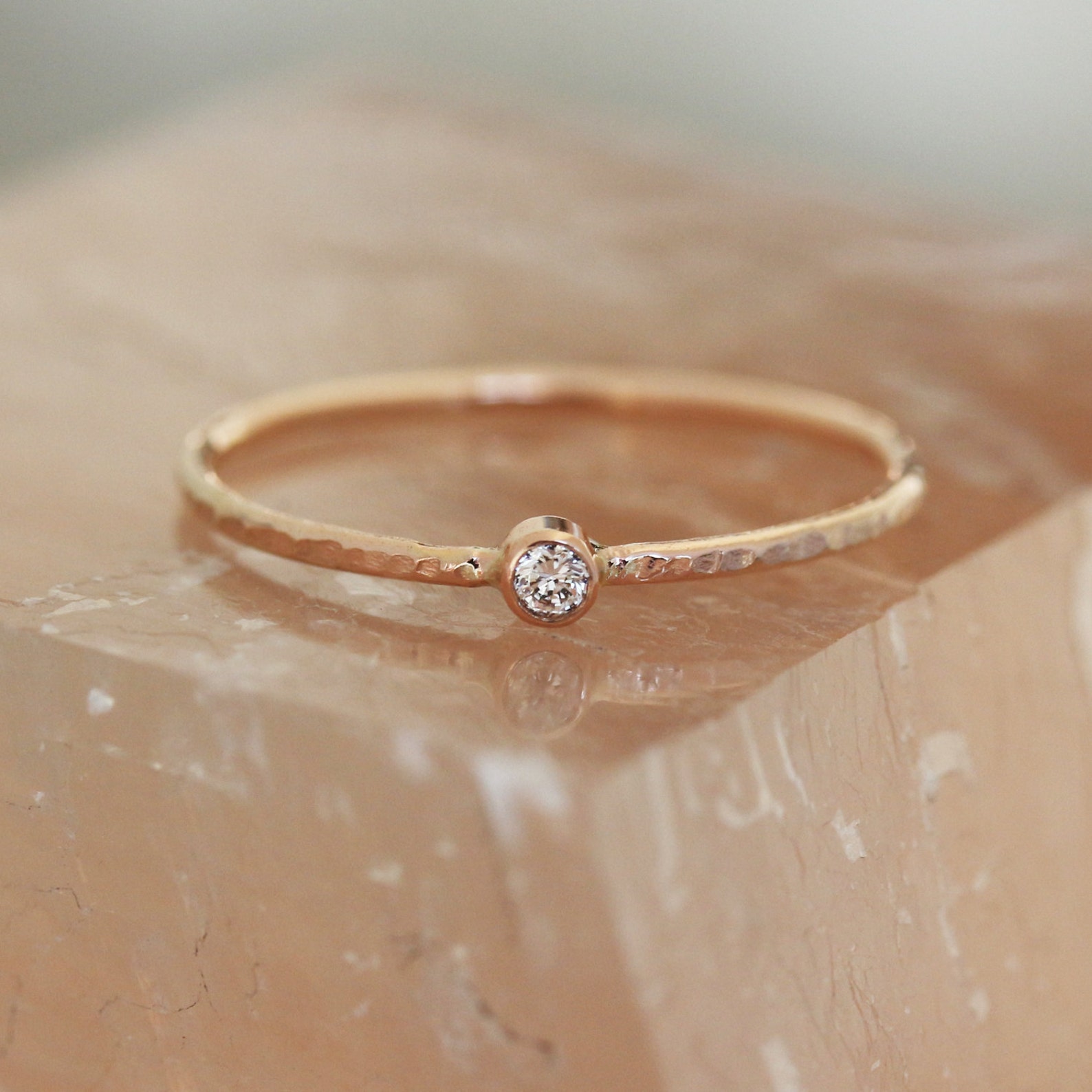 Tiny Diamond Ring Gold, Slim Hammered Band Tree Bark Texture, Dainty ...