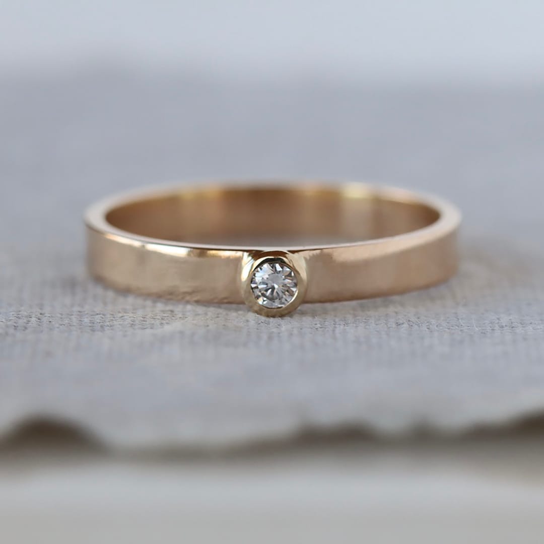 Low Profile Diamond Ring, 14k Yellow Gold Gender Neutral Engagement ...