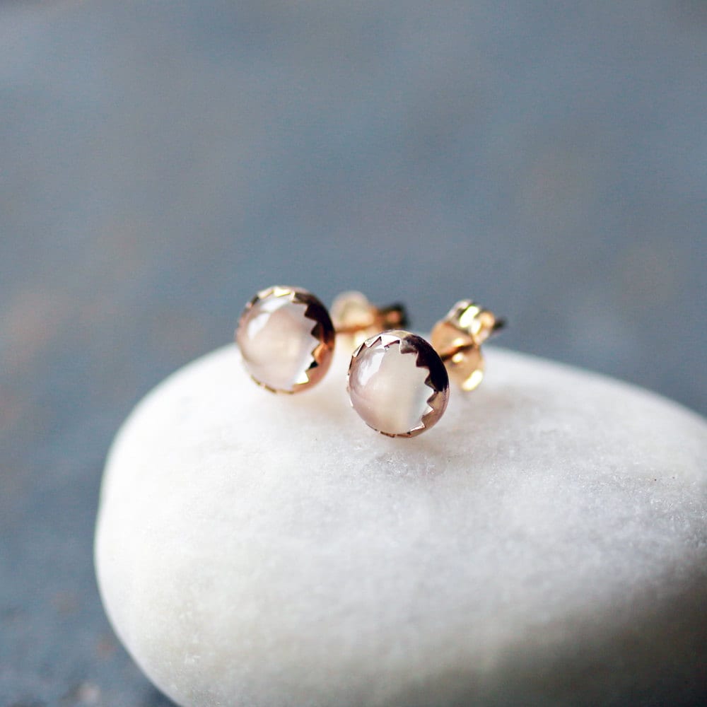 White Moonstone Stud Earrings SOLID Gold Moonstone Studs 14k - Etsy