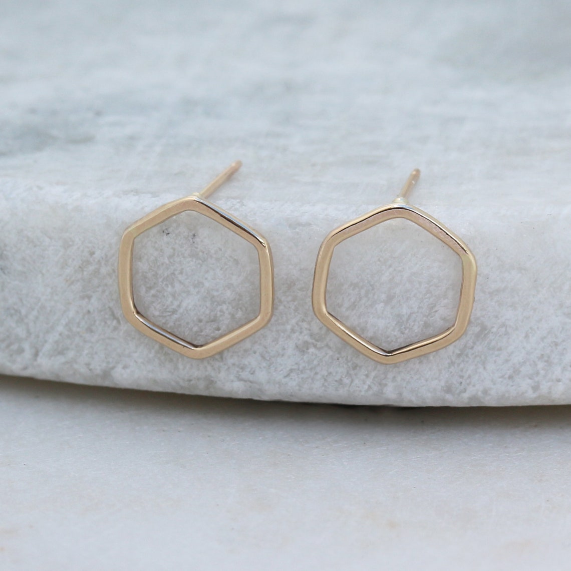 Hexagon Earrings, Solid 14k Gold Hexagon Studs, Geometric Earrings ...
