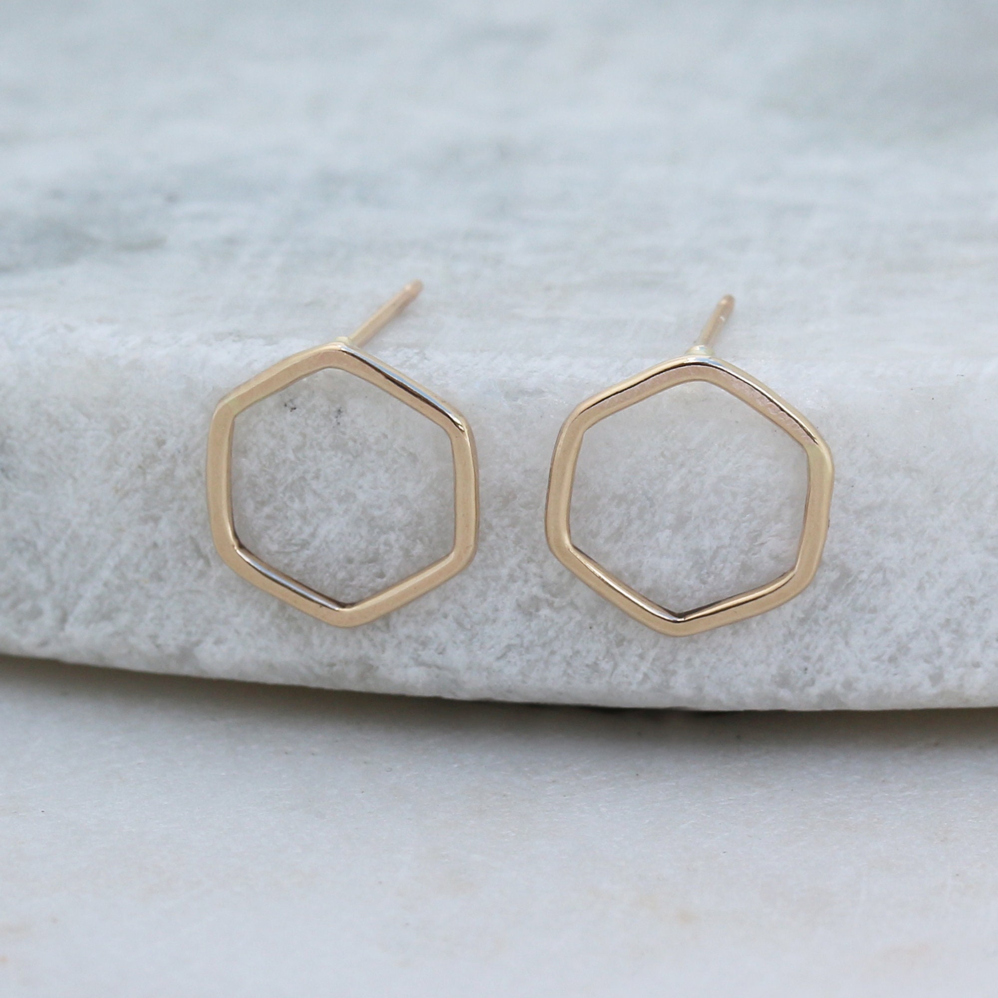Hexagon Earrings, Solid 14k Gold Hexagon Studs, Geometric Earrings ...