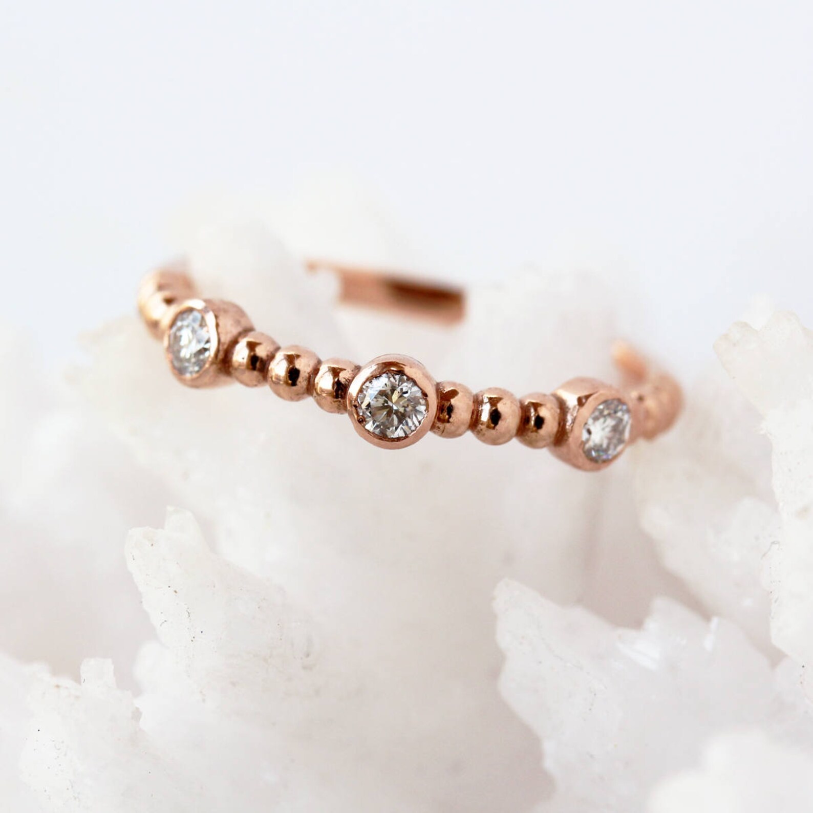 Three Diamond Dotted Wedding Band 14k Gold Dots Stacking | Etsy