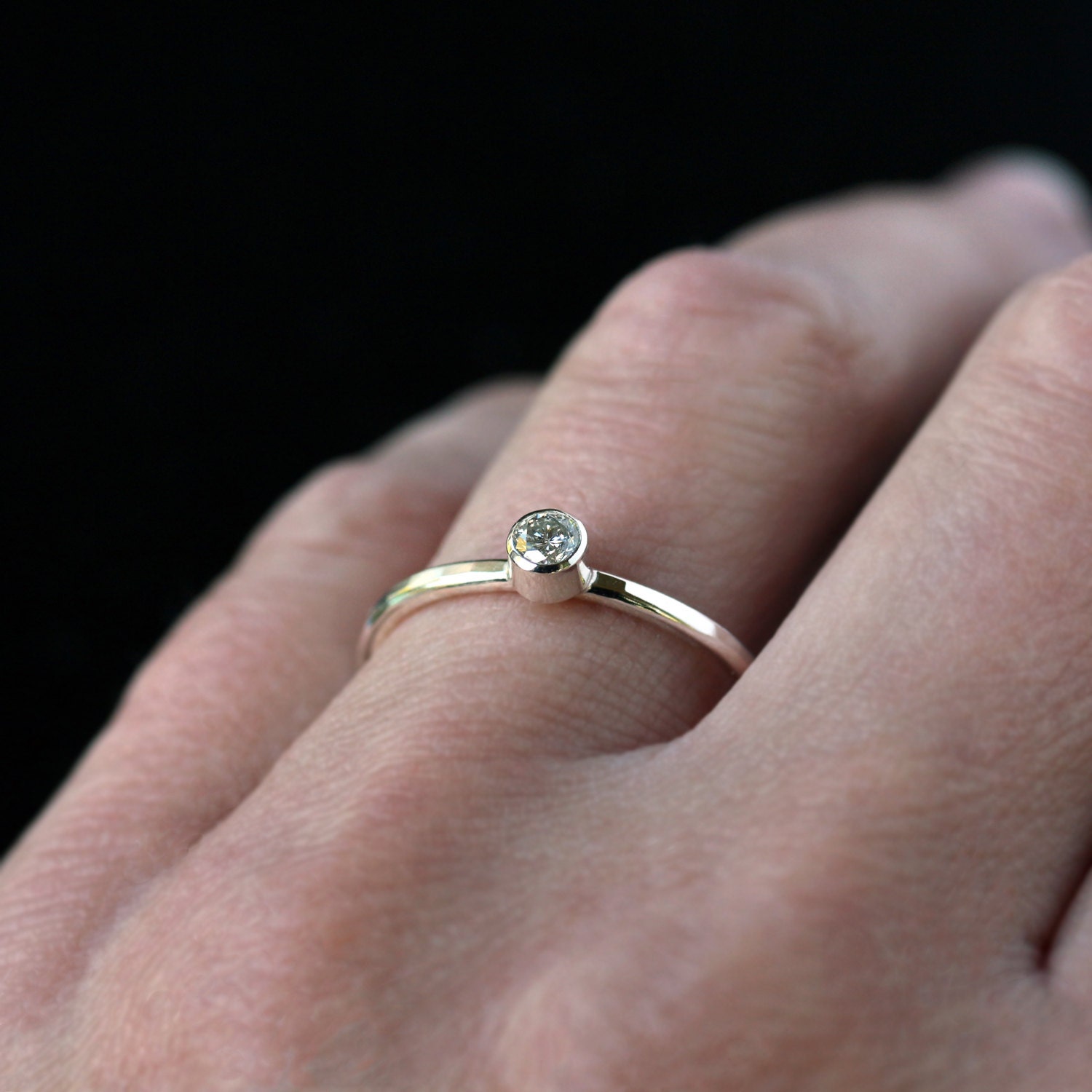 Simple Silver Diamond Ring, Sterling Silver Hammered Band, Conflict ...