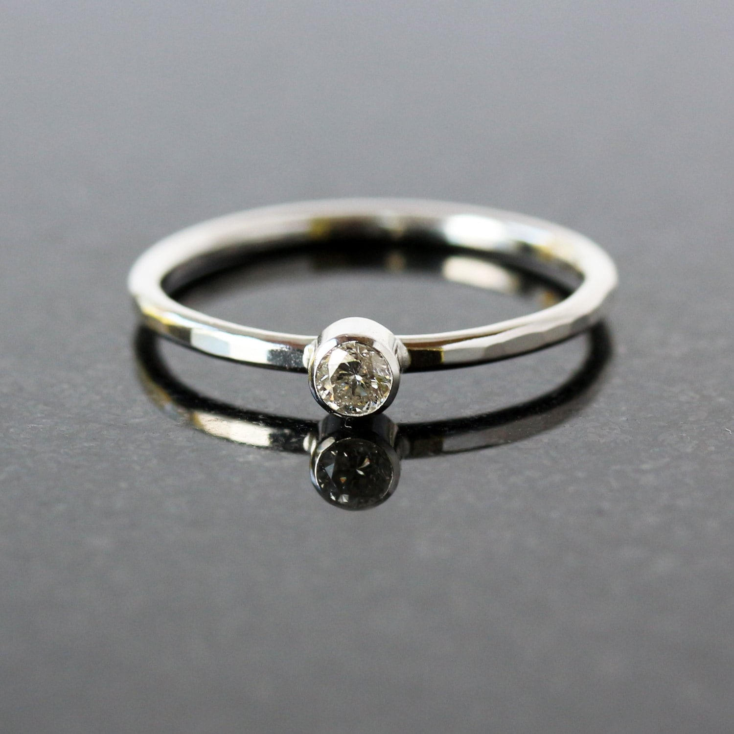Simple Silver Diamond Ring Sterling Silver Hammered Band | Etsy