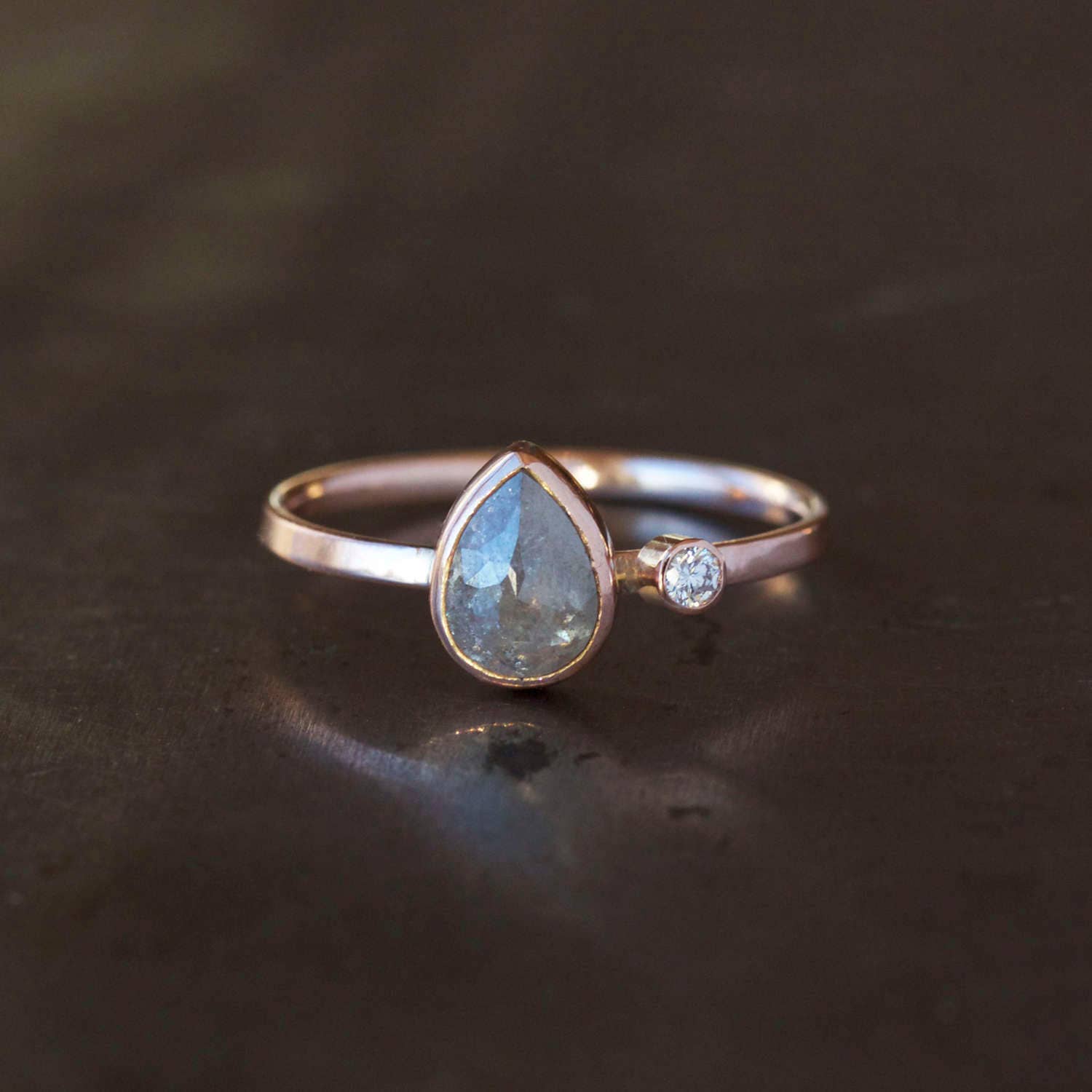 Rose Cut Pear Diamond Ring, Two Diamond Unique Ring, Round Brilliant ...